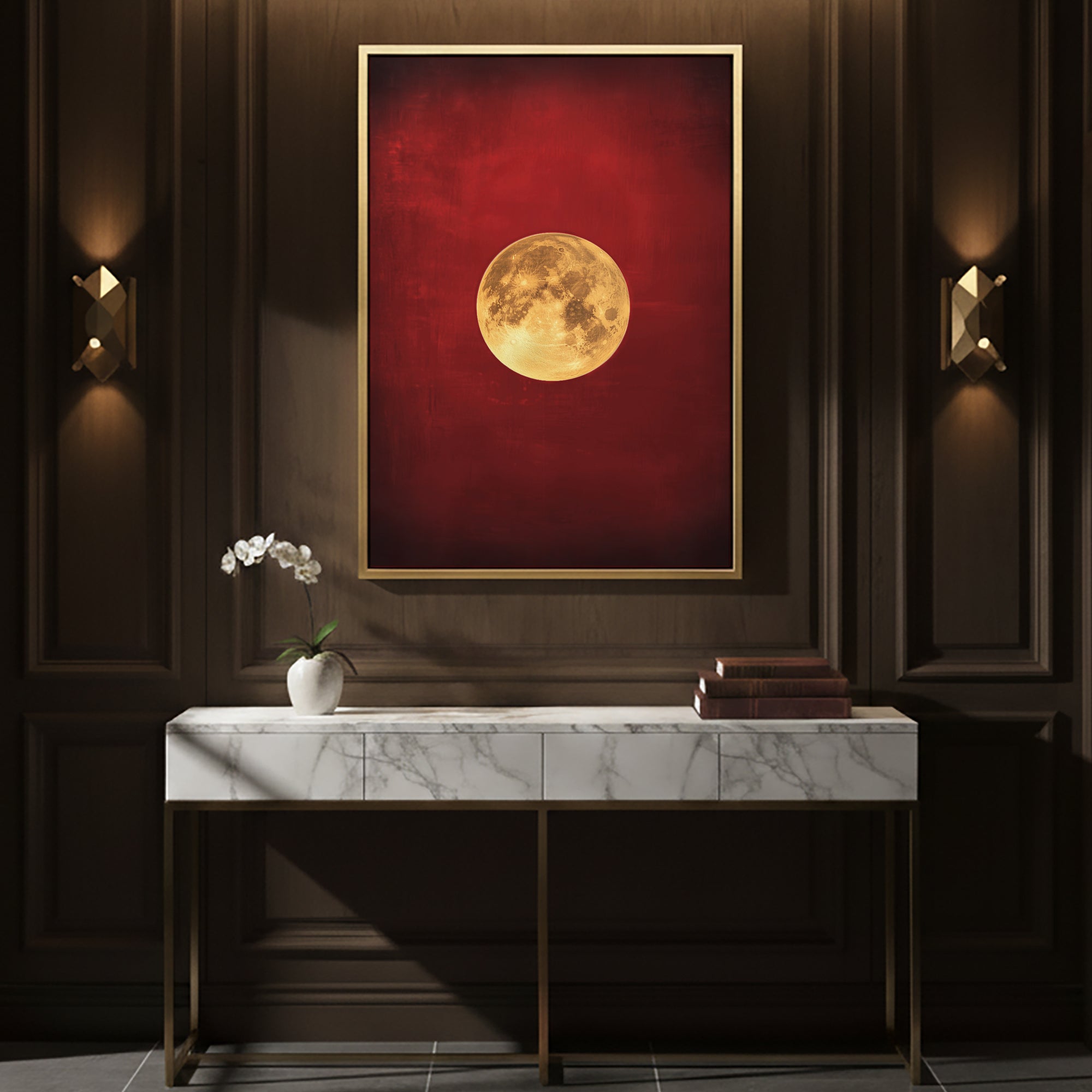 Celestial Zenith Print | Dark Red Golden Moon Large Canvas Wall Art ...